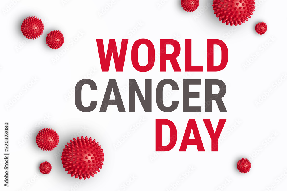 Text WORLD CANCER DAY on white background with red abstract cells of ...