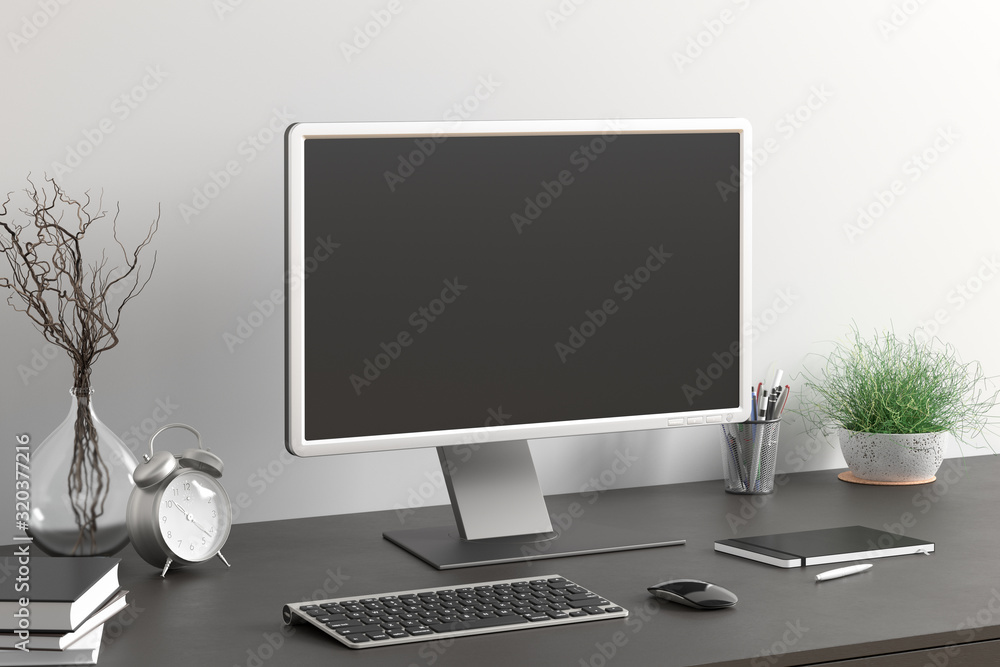 Workspace with blank computer monitor black screen mock up on the black ...