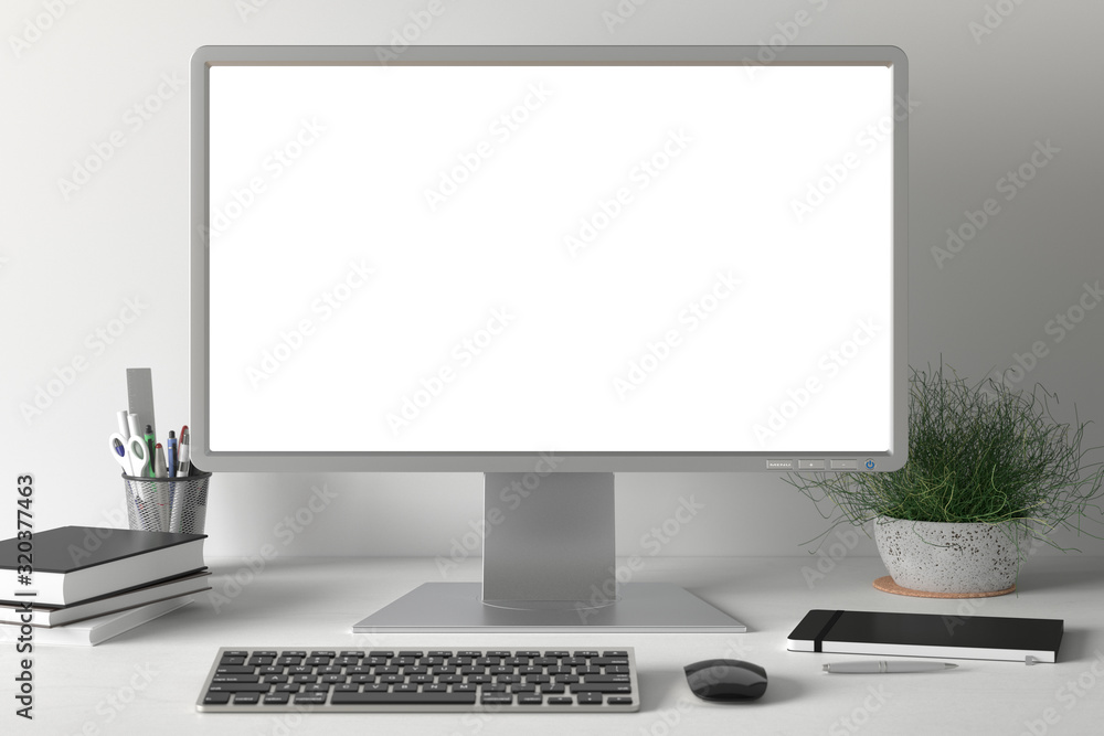 Workspace with blank computer monitor white screen mock up on the white ...