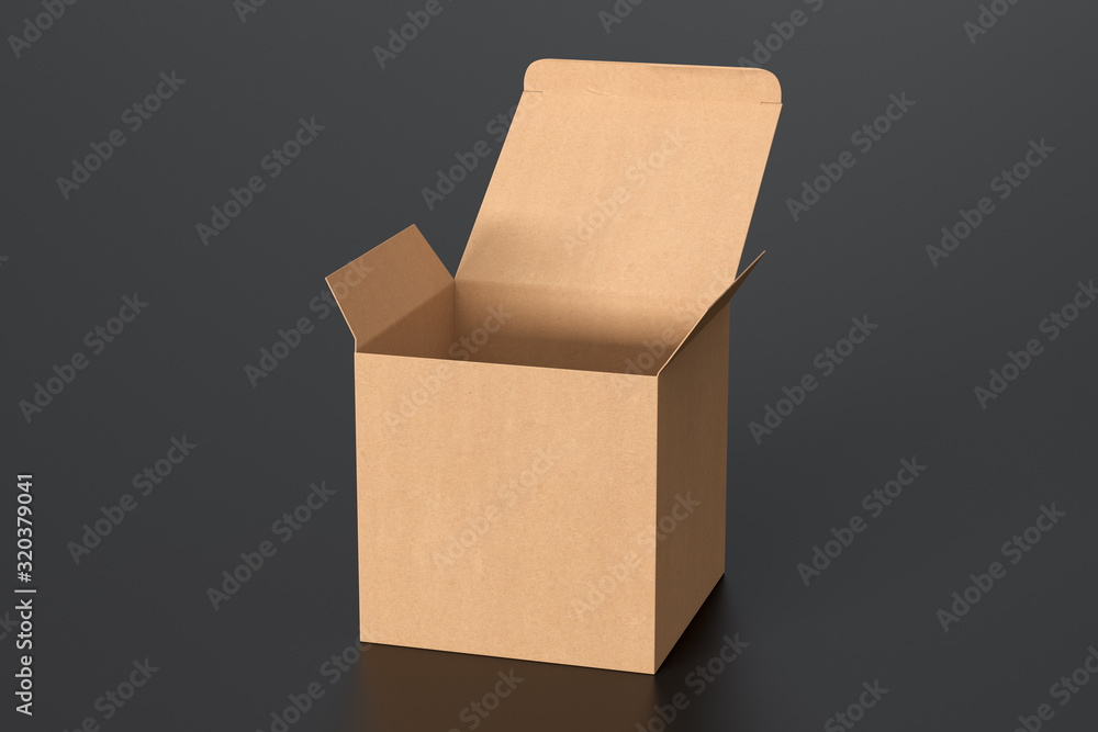 Blank cardboard cube gift box with opened hinged flap lid on black ...