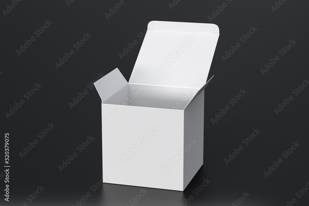 Blank white cube gift box with opened hinged flap lid on black ...