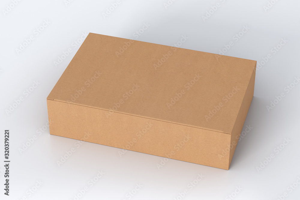 Blank cardboard wide flat box with closed hinged flap lid on white ...