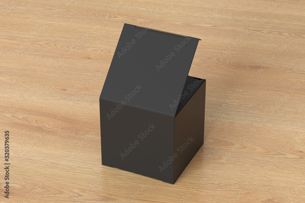 Blank black cube gift box with opened hinged flap lid on wooden ...