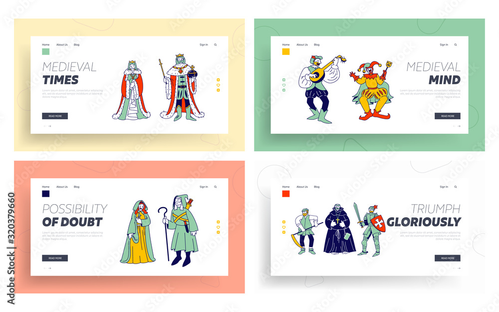 Medieval Historical Characters Website Landing Page Set. Royal Queen ...