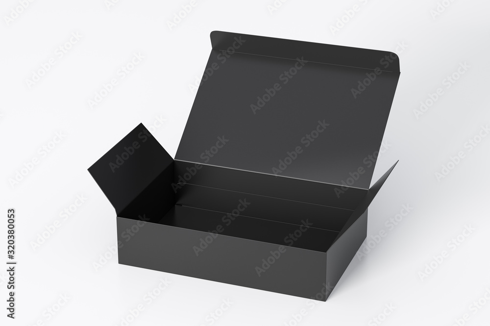 Blank black wide flat box with opened hinged flap lid on white ...