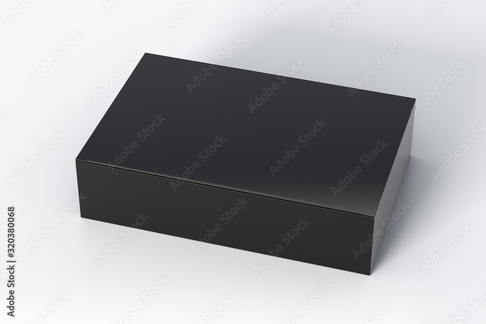 Blank black wide flat box with closed hinged flap lid on white ...