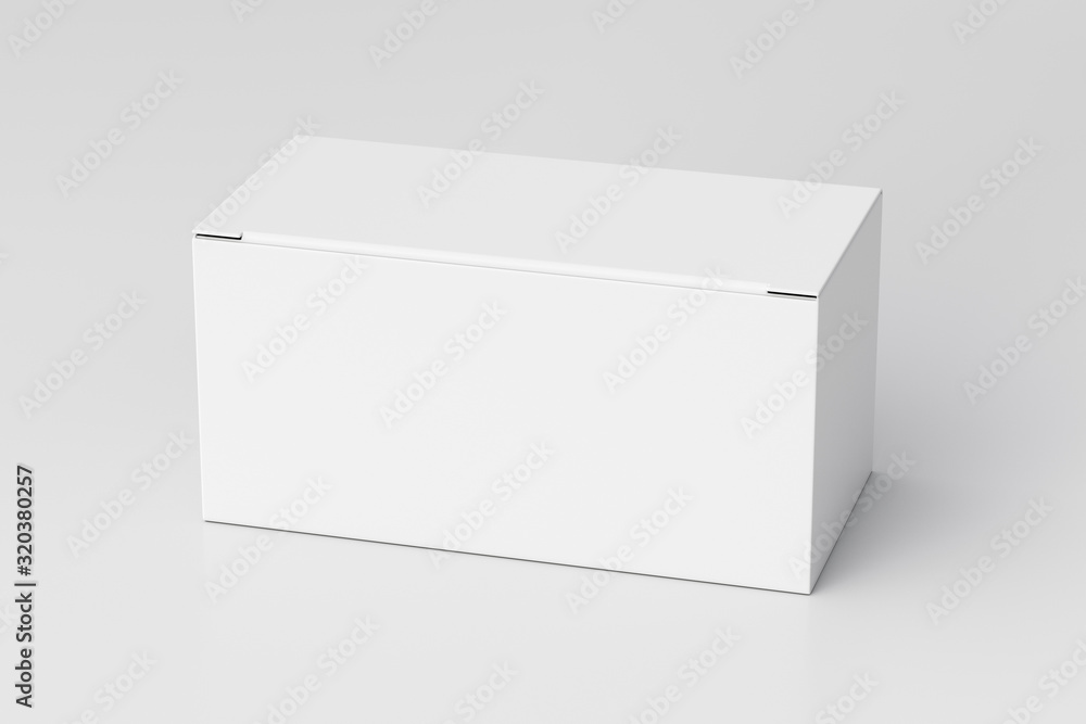Blank white wide box with closed hinged flap lid on white background ...