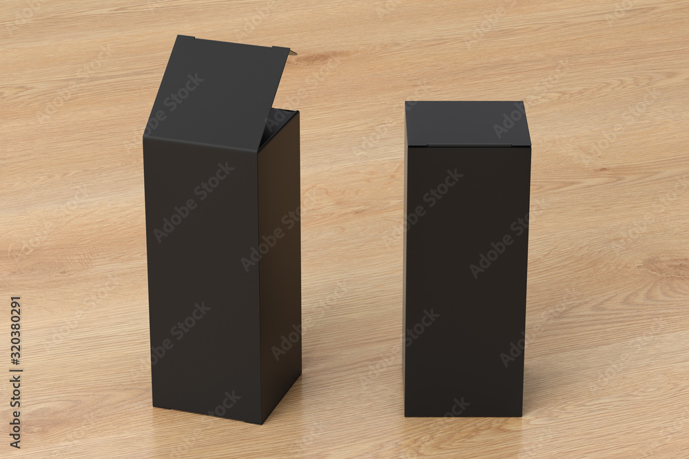 Blank black tall and slim gift box with open and closed hinged flap lid ...