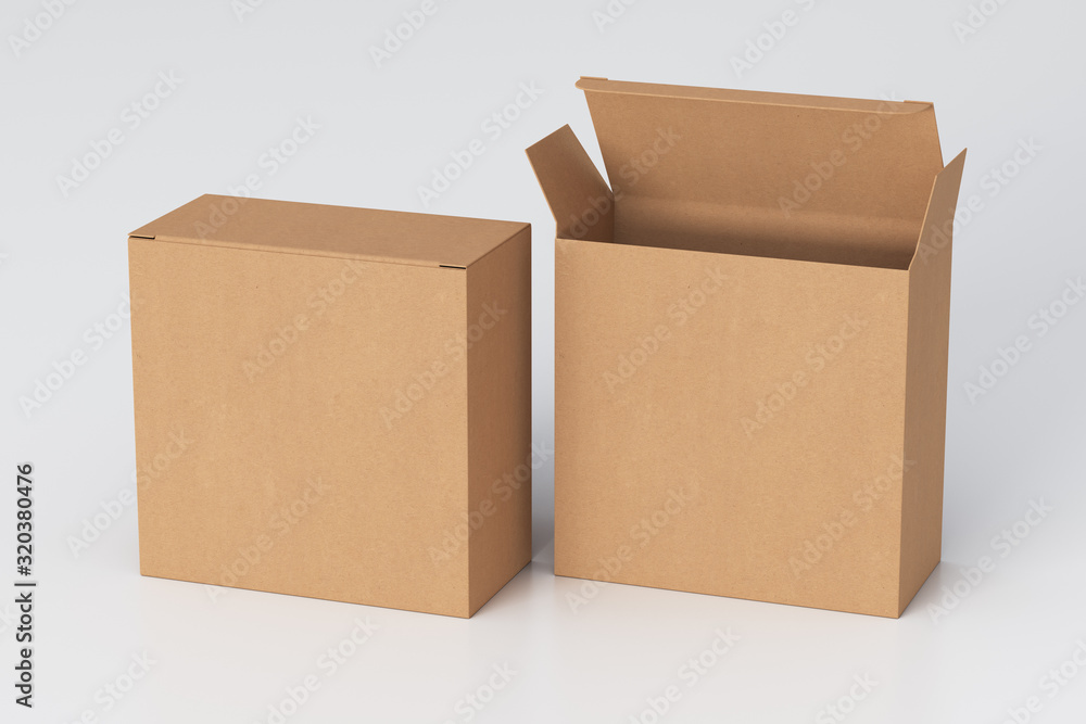 Blank cardboard wide square box with open and closed hinged flap lid on ...