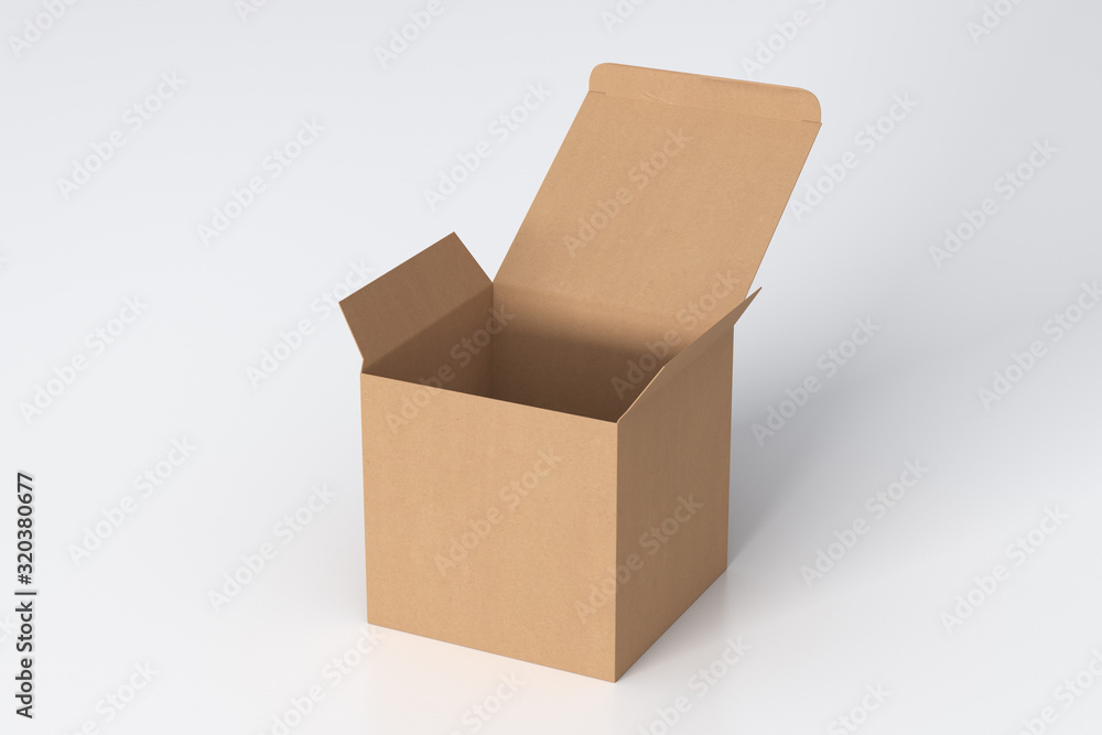 Blank cardboard cube gift box with opened hinged flap lid on white ...