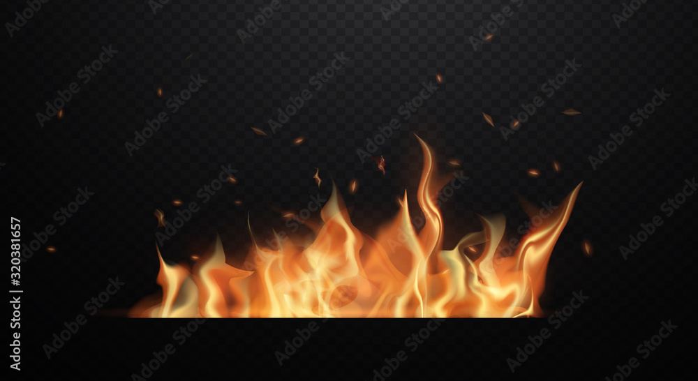 Realistic fire flames on transparent black background. Flat design ...