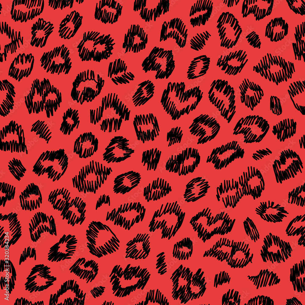Leopard seamless pattern for textile. Black scratch spots on a red ...