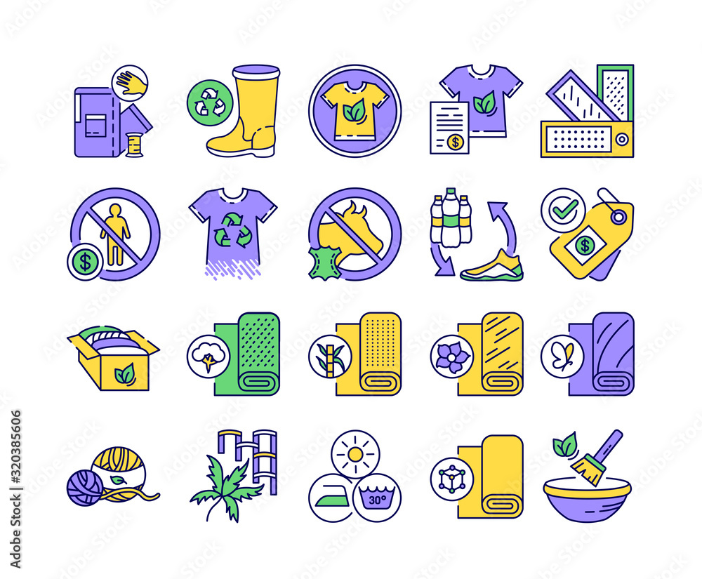 Eco textile color line icons set. Clothing and other accessories that ...