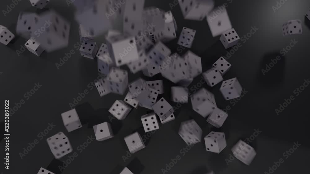 Many white dice pouring out onto a dark black table; hundreds rolling ...