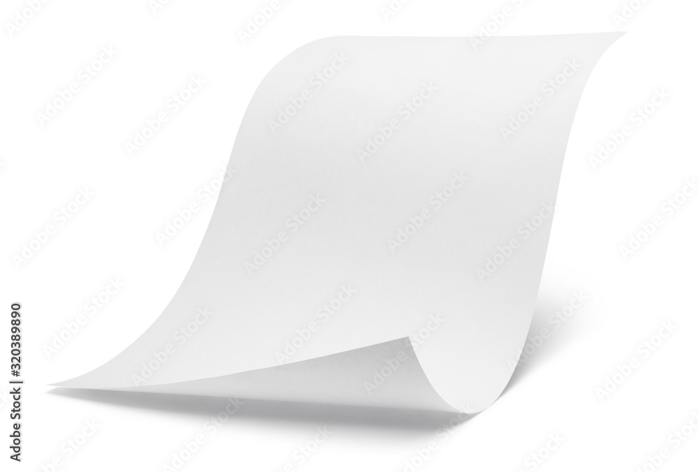 Blank bended paper sheet with a curved corner, isolated on white ...