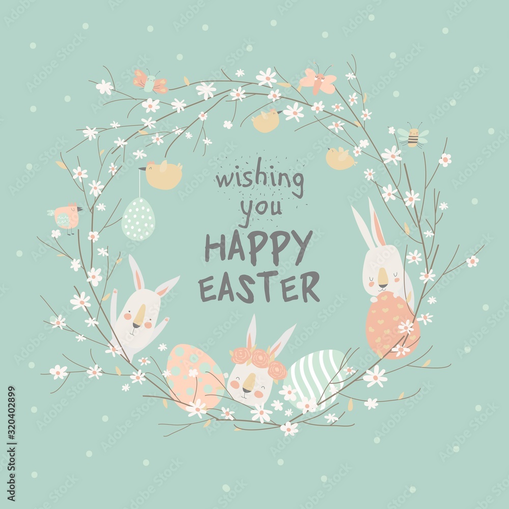 Cartoon Easter wreath with cute rabbits and Ester eggs Stock Vector ...
