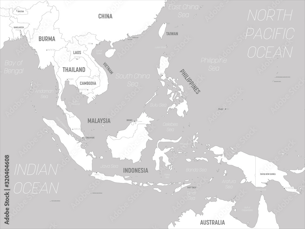 Southeast Asia map - white lands and grey water. High detailed ...