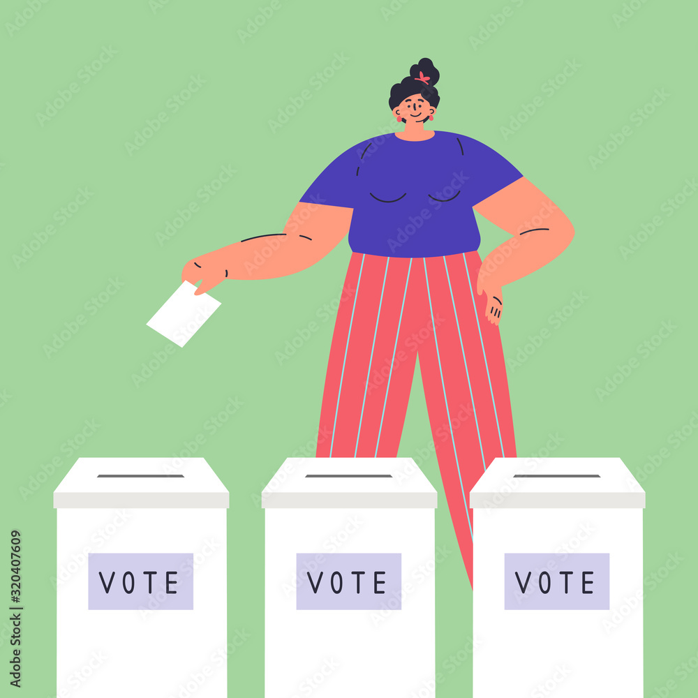 Confident happy woman is voting.Vote box.Woman chooses whom to vote for ...