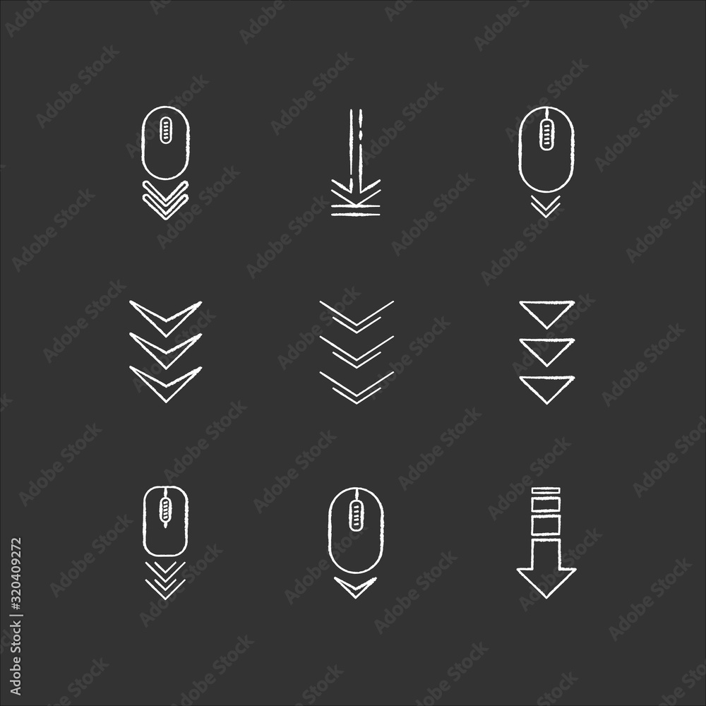 Scroll down buttons chalk white icons set on black background. Internet page browsing and ...