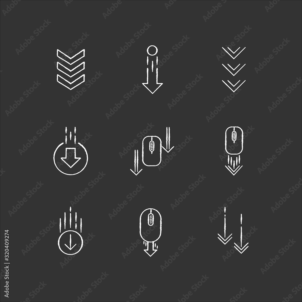 Scrolling down arrows chalk white icons set on black background. Computer mouse and arrowheads ...