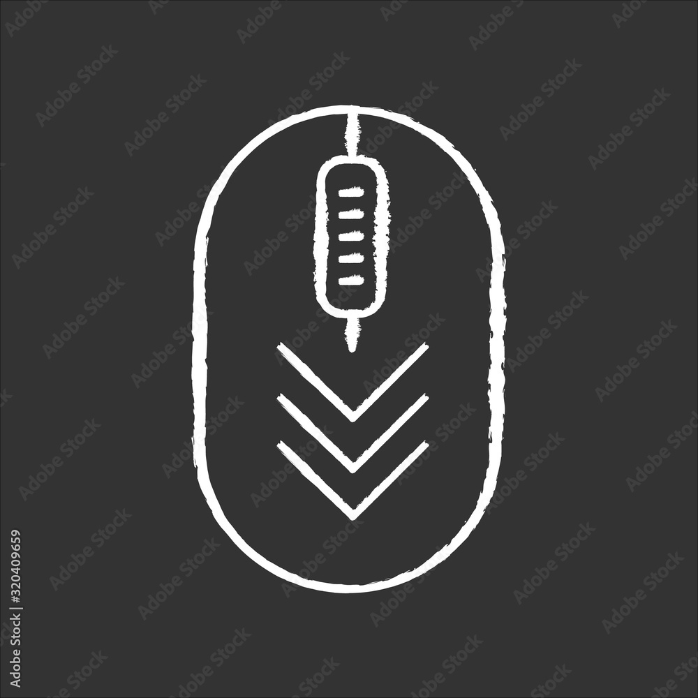 Computer mouse with down arrows chalk white icon on black background ...