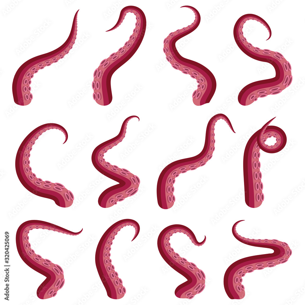 Tentacles octopus set underwater animal. Kraken or Squid red tentacle ...