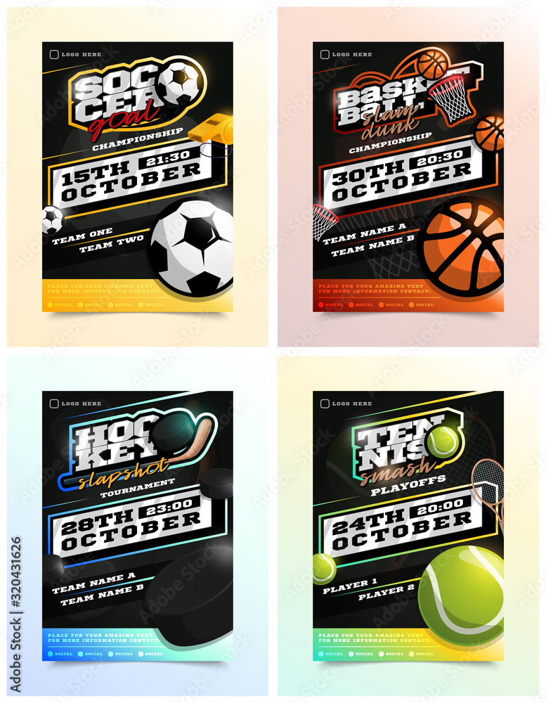 Sport Flyer Ad Set Vector. Ice Hockey, Basketball, Tennis, Soccer or ...