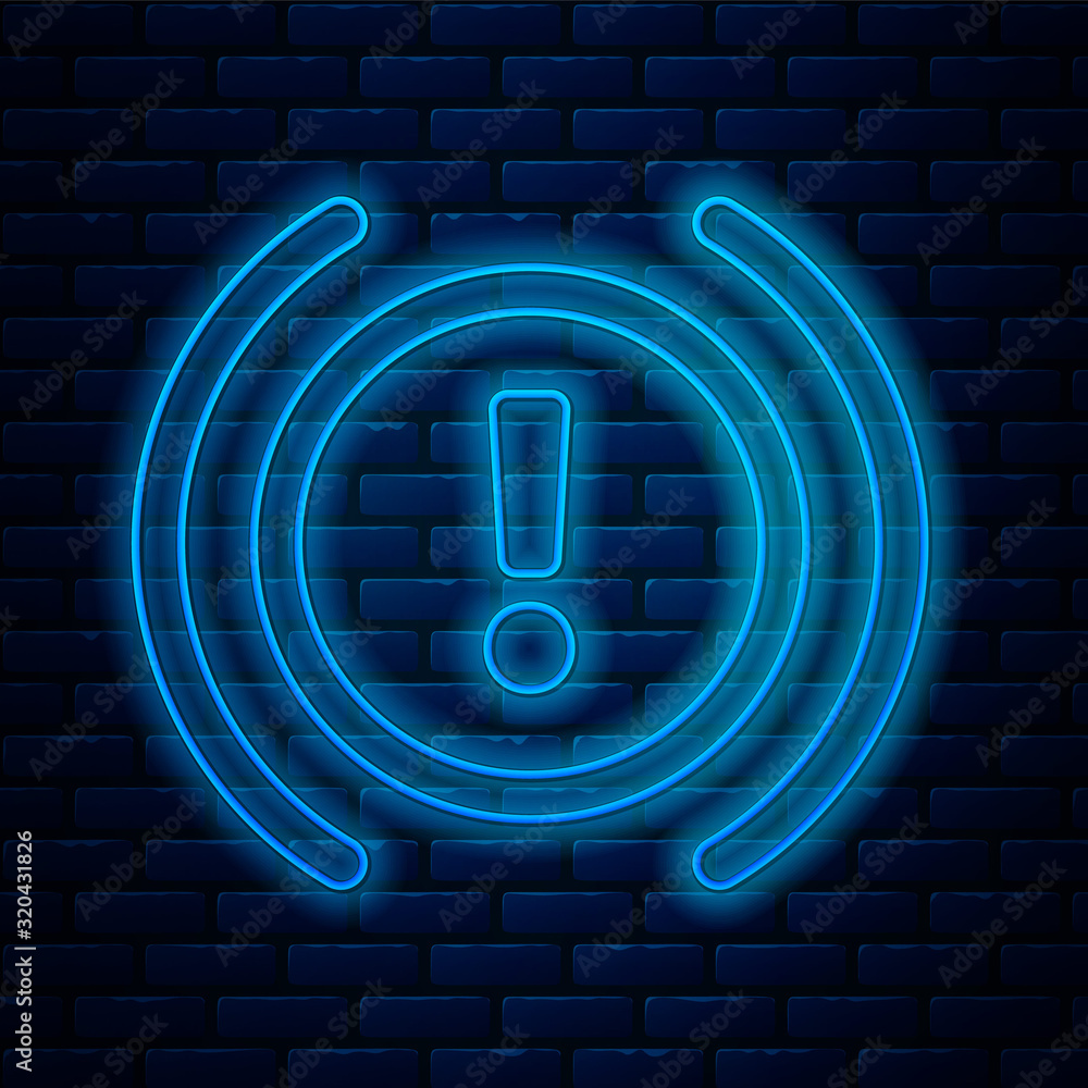 Glowing neon line Brake system warning icon isolated on brick wall ...