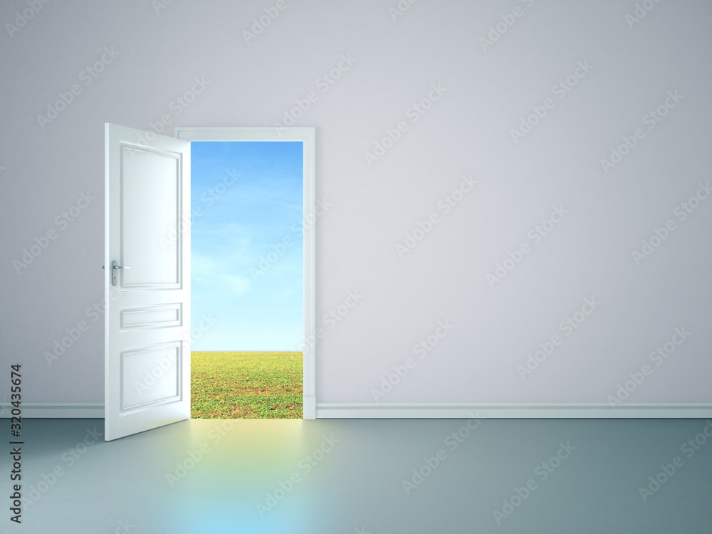 White room interior with open door tofield. Stock Photo | Adobe Stock