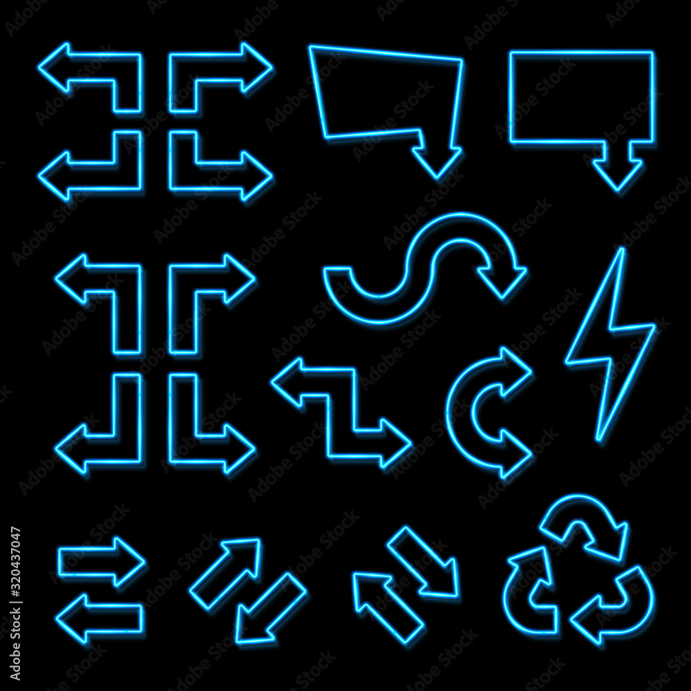 Blue neon 3d arrows set on black background. Shining led halogen lamp ...