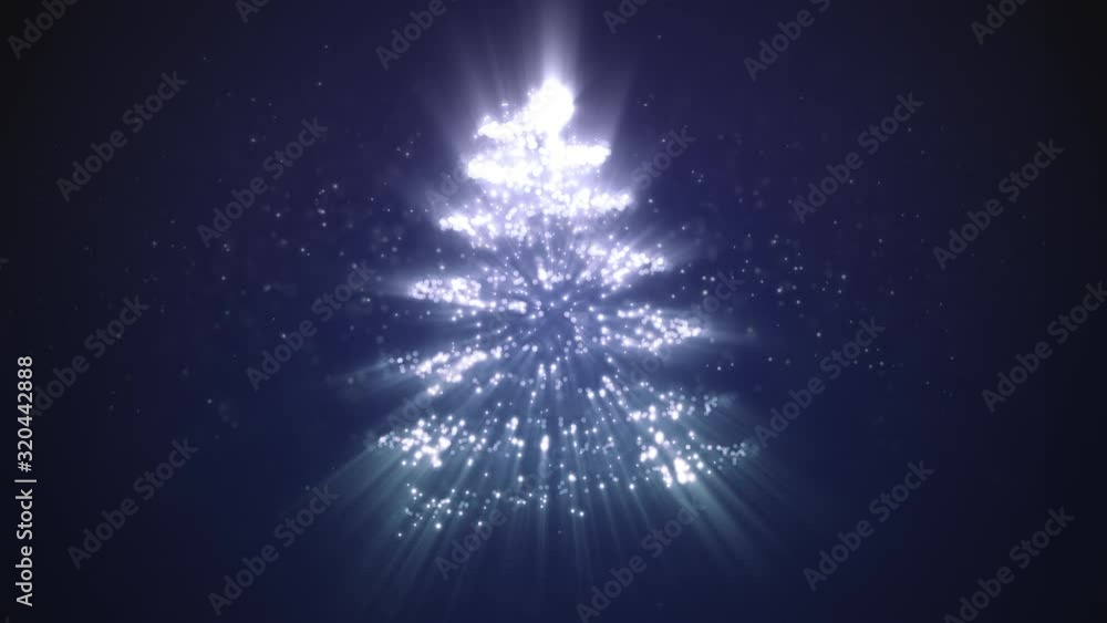 Silver glitter Christmas tree with sparks, light rays and glow. Shining ...