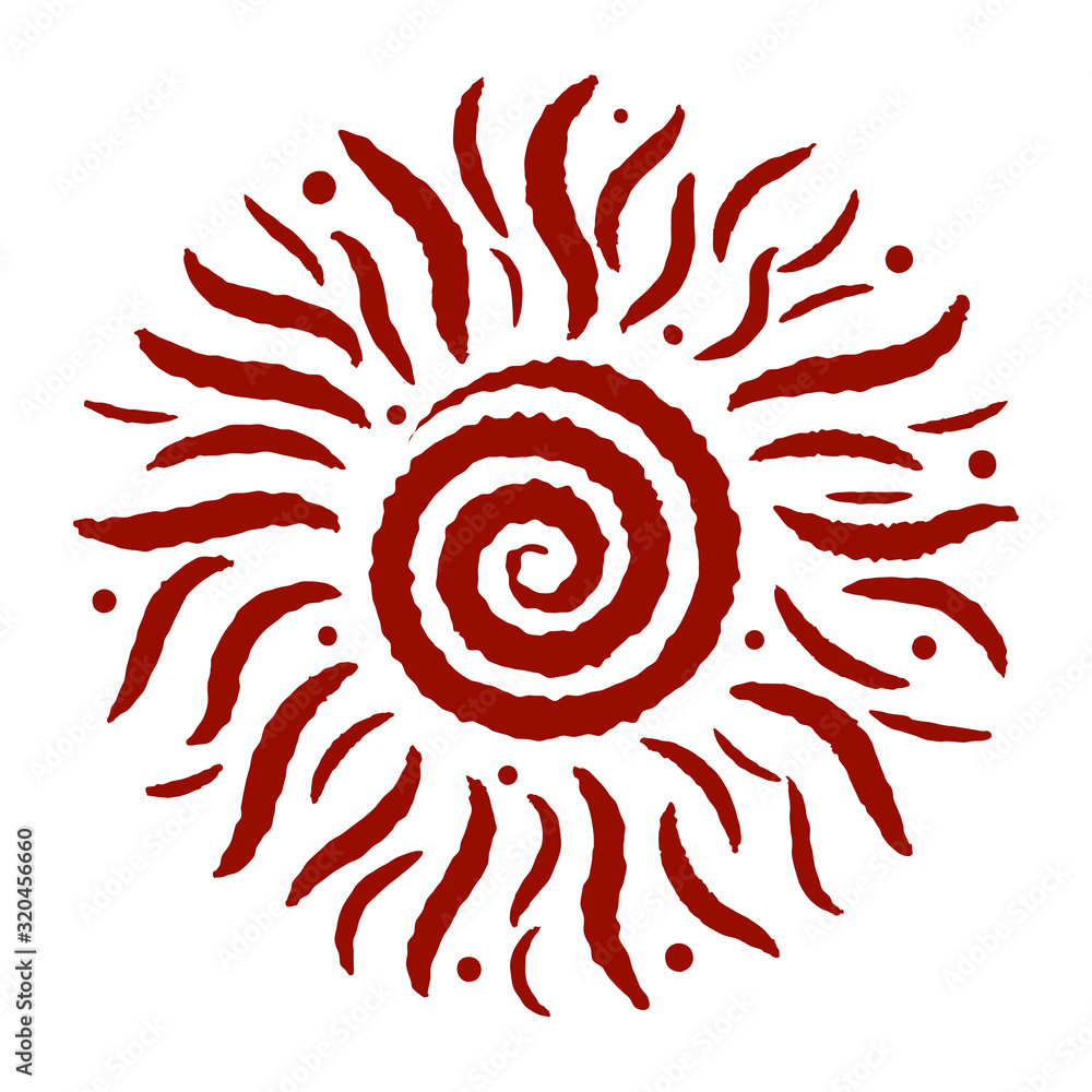 Red Stylized Sun in Tribal Style. Hand drawn vector illustration ...