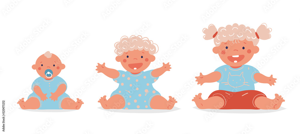 Cute little girl. Cartoon character growth at several ages, newborn ...