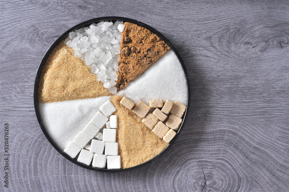 Divide of brown sugar, raw sugar, cube sugar, rock sugar and white ...