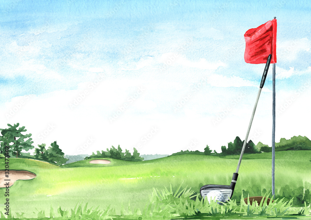 Golf club with ball and flag on Beautiful golf course with green field ...