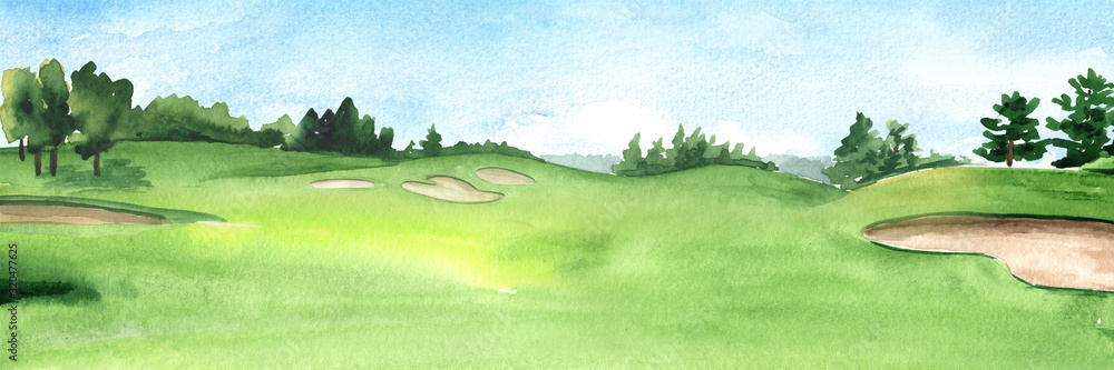 View of golf course with beautiful green field with a rich turf. Hand ...