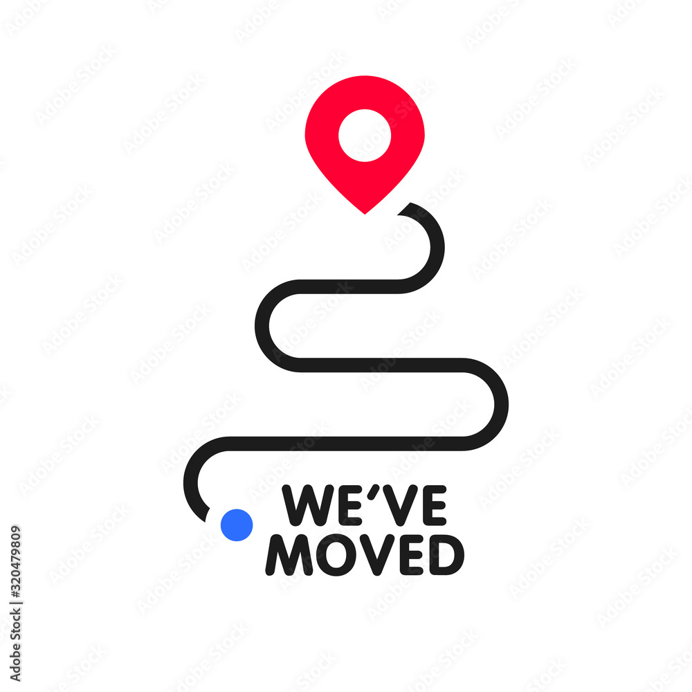 We have moved sign design. Relocation message icon. Store, office ...