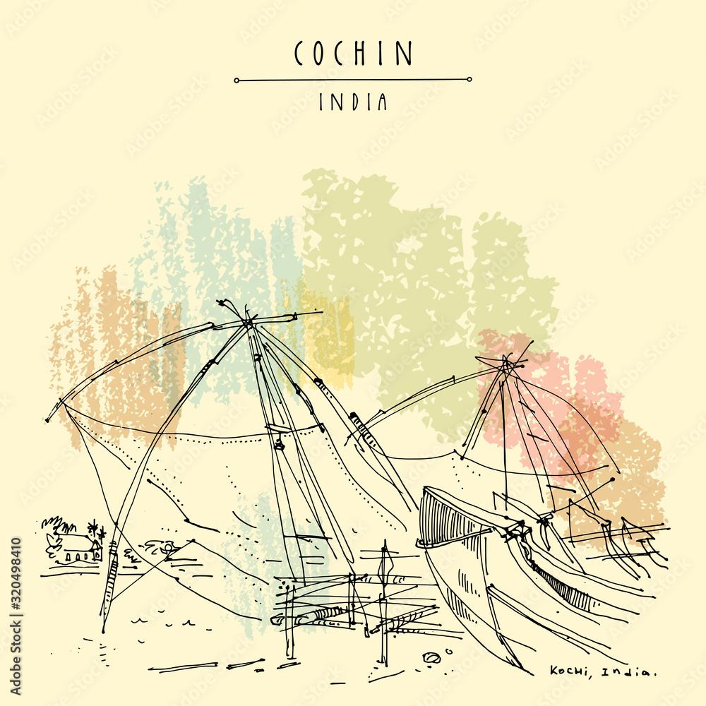 Cochin (Kochi), Kerala, South India. Chinese fishing nets and wooden ...