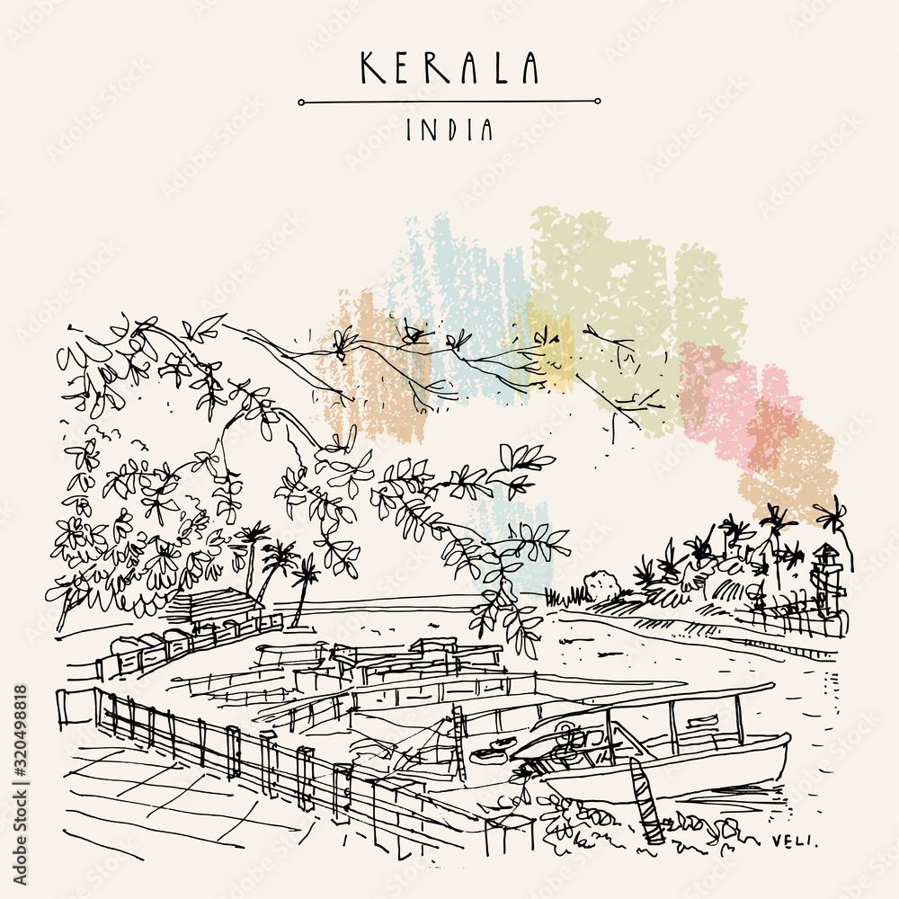 Veli lake, Kerala, South India. Boats on water, palm trees and resorts ...