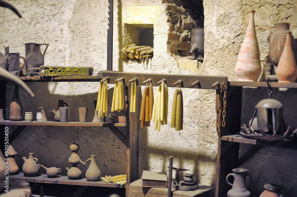 Medieval Alchemy shop with flasks and tools Stock Photo | Adobe Stock