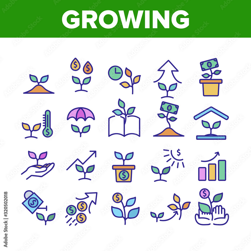 Growing Money Plant Collection Icons Set Vector. Growing Leaves Tree ...