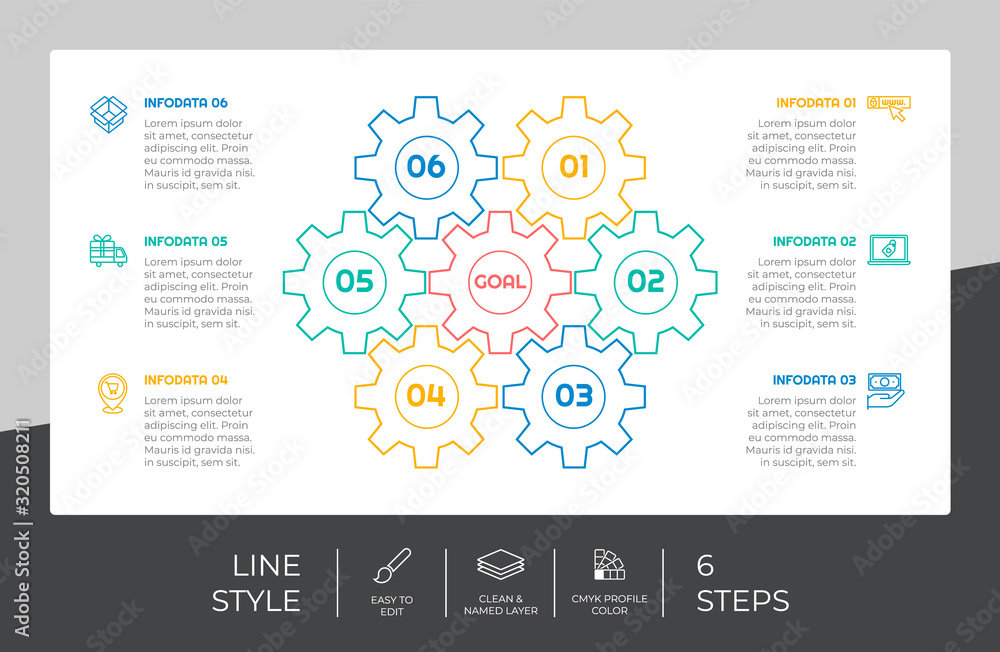 Gear infographic vector design with 6 steps & colorful style for ...
