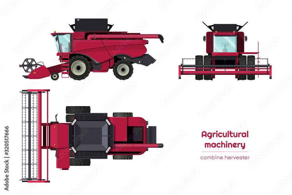 Isolated combine harvester. Side, front and top view of agriculture ...