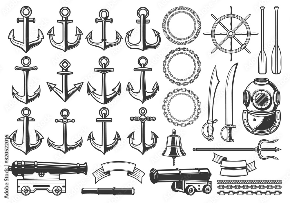 Nautical heraldry constructor icons, ship anchor, helm and chain ...