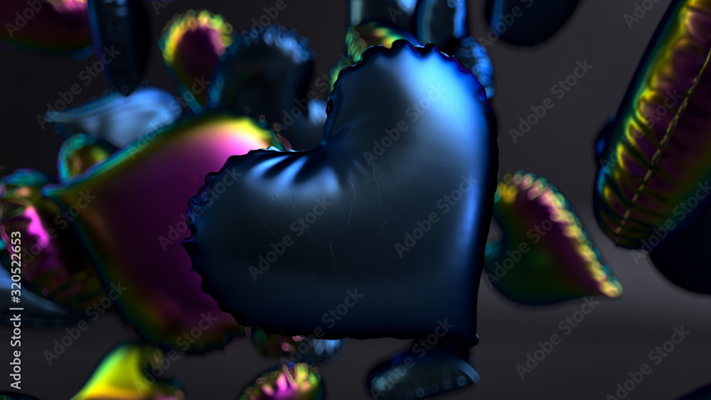3d render colorful heart balloons with foil texture on the black ...
