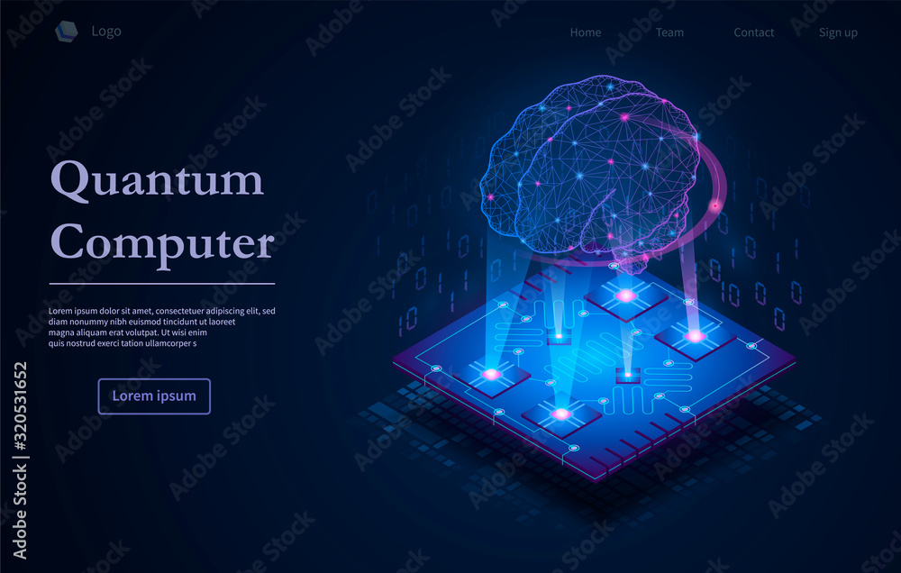 Tech background with Quantum Computer text caption and microchip image ...