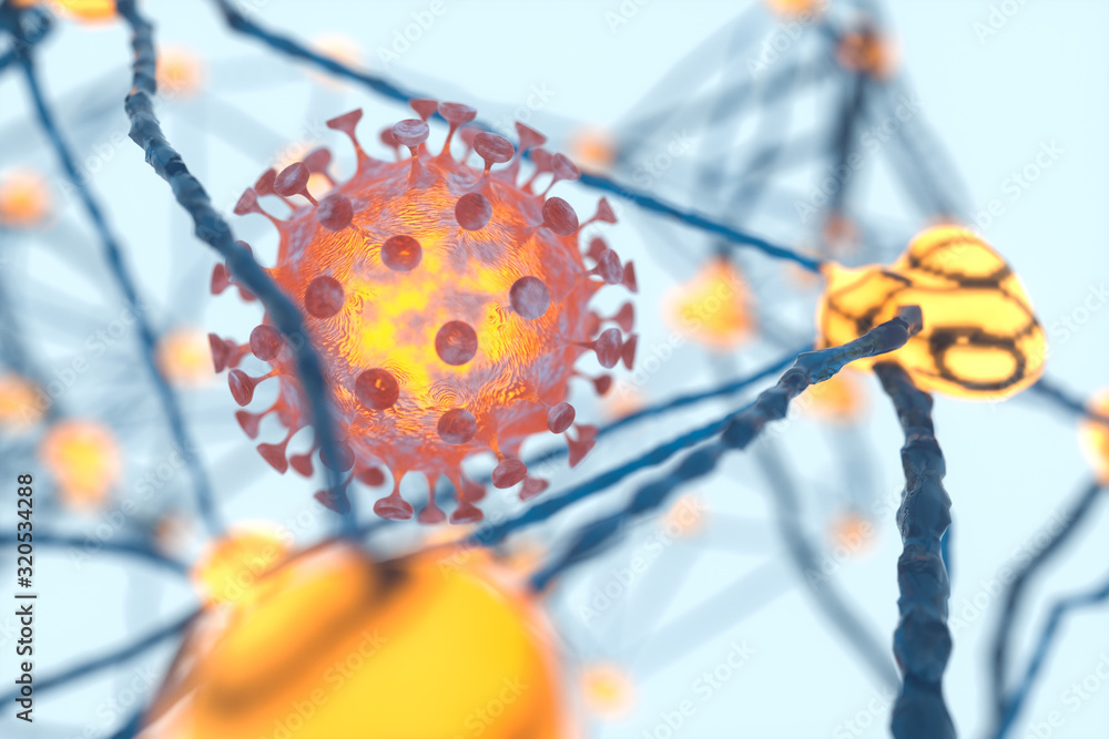 Dispersed corona viruses with nervous system background, 3d rendering ...