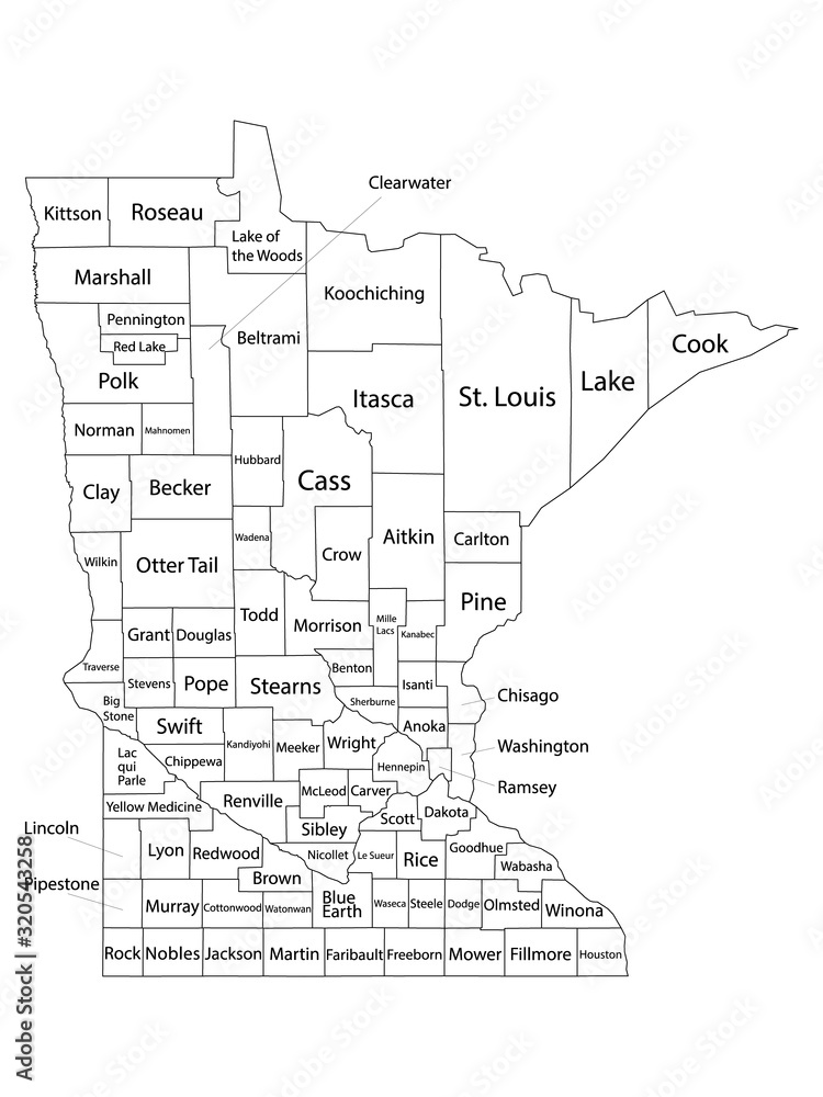 White Outline Counties Map With Counties Names of US State of Minnesota ...