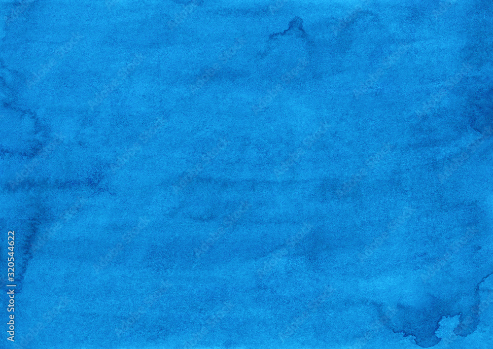 Watercolor azure blue background painting. Watercolour deep sky blue ...