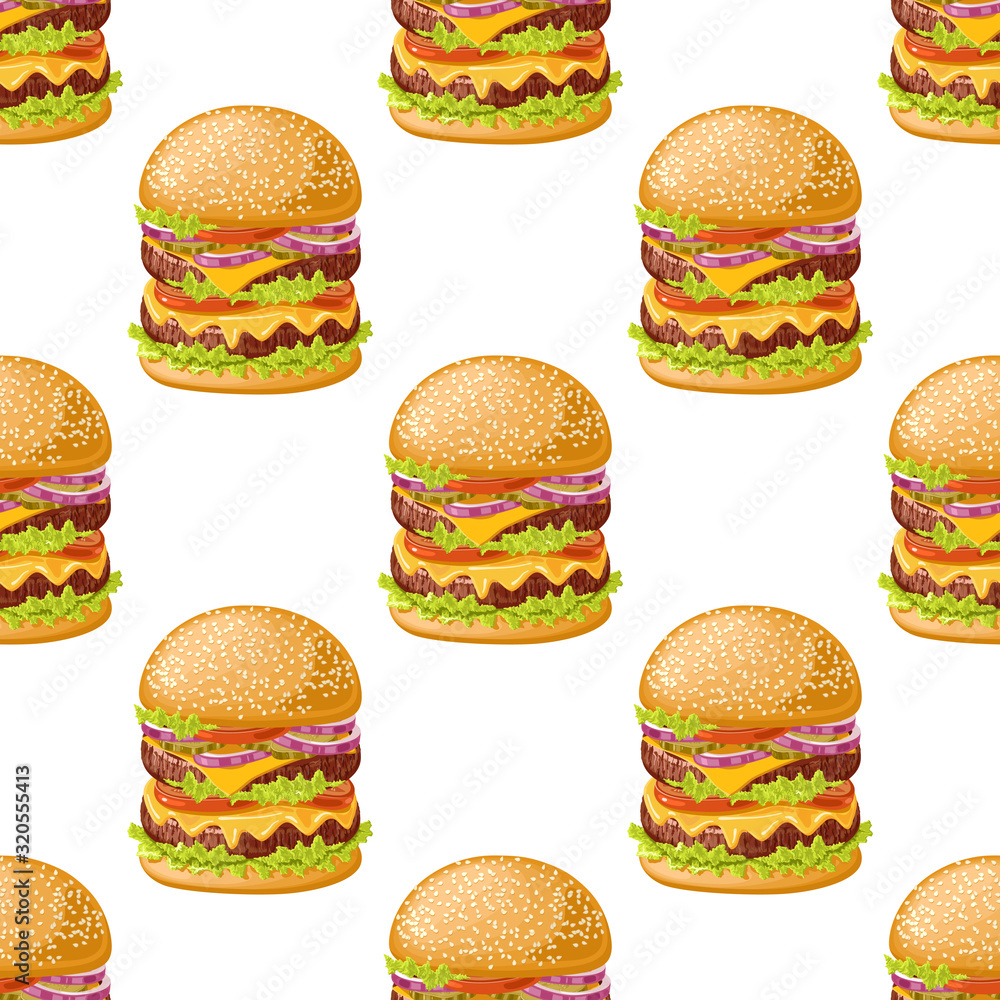 Burger with meat, cheese, sauce and vegetables. Seamless pattern ...